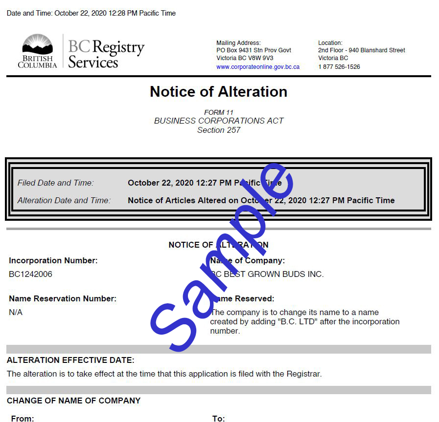Sample For Notice Of Alteration Business Registration Center